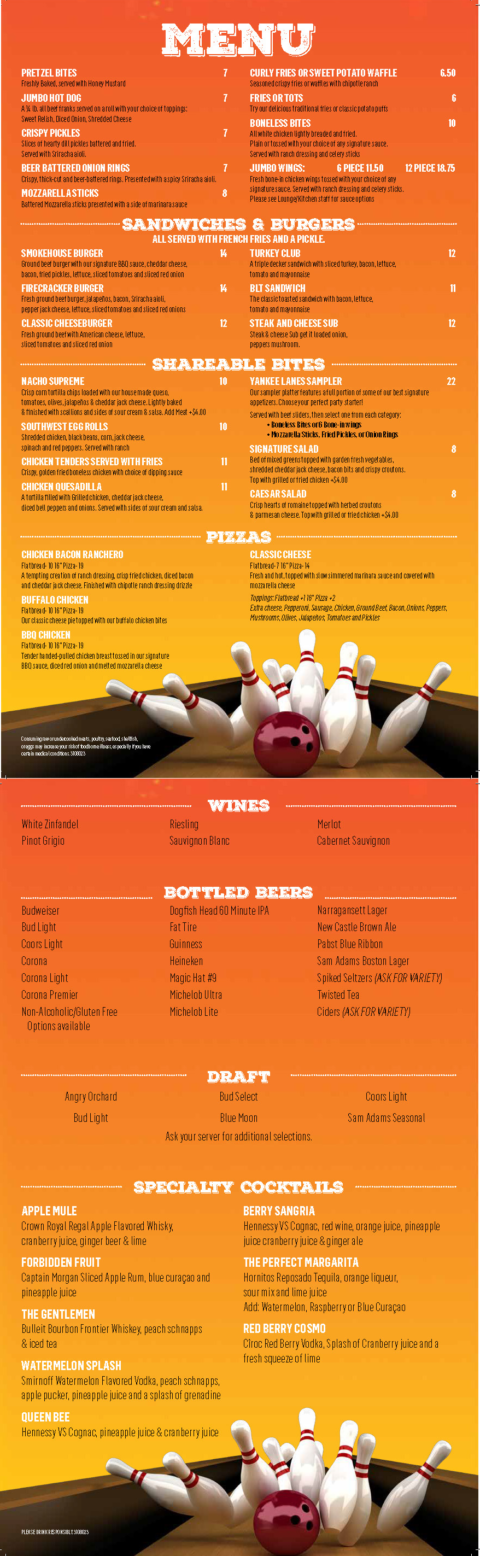Menu | Yankee Lanes Manchester